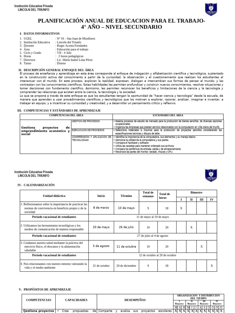Planificación Curricular Ept Lincoln Del Triunfo - 2024-4to Secundaria ...