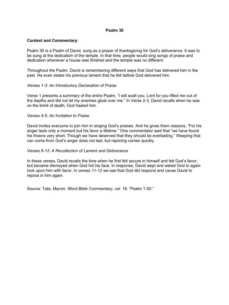 Psalm 30 Context and Commentary | PDF