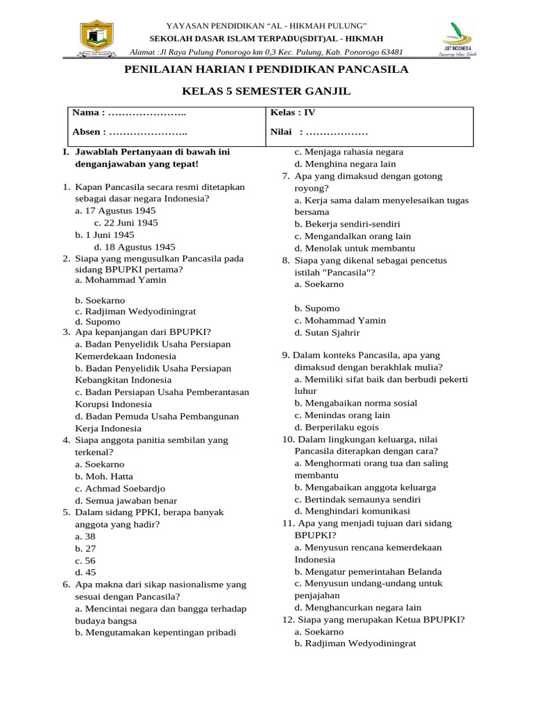 PH 1 PP Sem 1 KELAS 5 | PDF