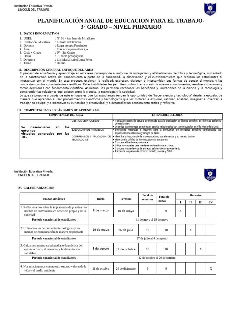 Planificación Curricular Ept Lincoln Del Triunfo - 2024-3ero Primaria | PDF | Evaluación ...