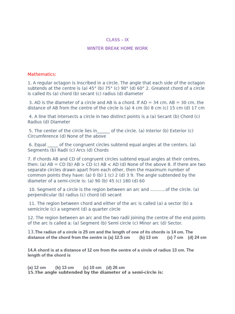 Class 9 Winter Break Home Work 1 | PDF Class 9 Winter Break Home Work 1 | PDF