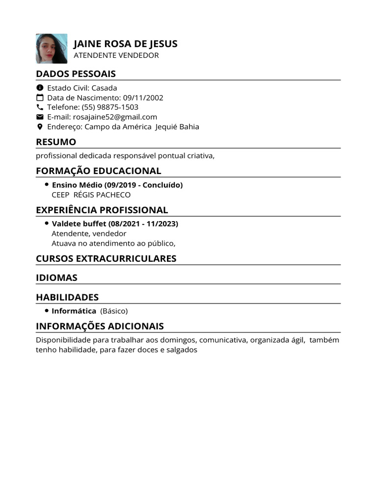 Currículo - Jaine Rosa de Jesus | PDF