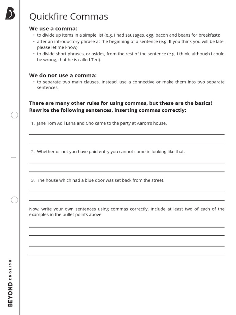 T E 838 Quickfire Commas Worksheet Ver 7 | PDF | Language Arts ...