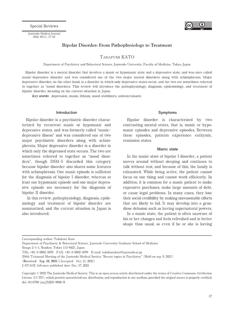 Bipolar Disorder: From Pathophysiology To Treatment 68 - JMJ21-0026-R | PDF