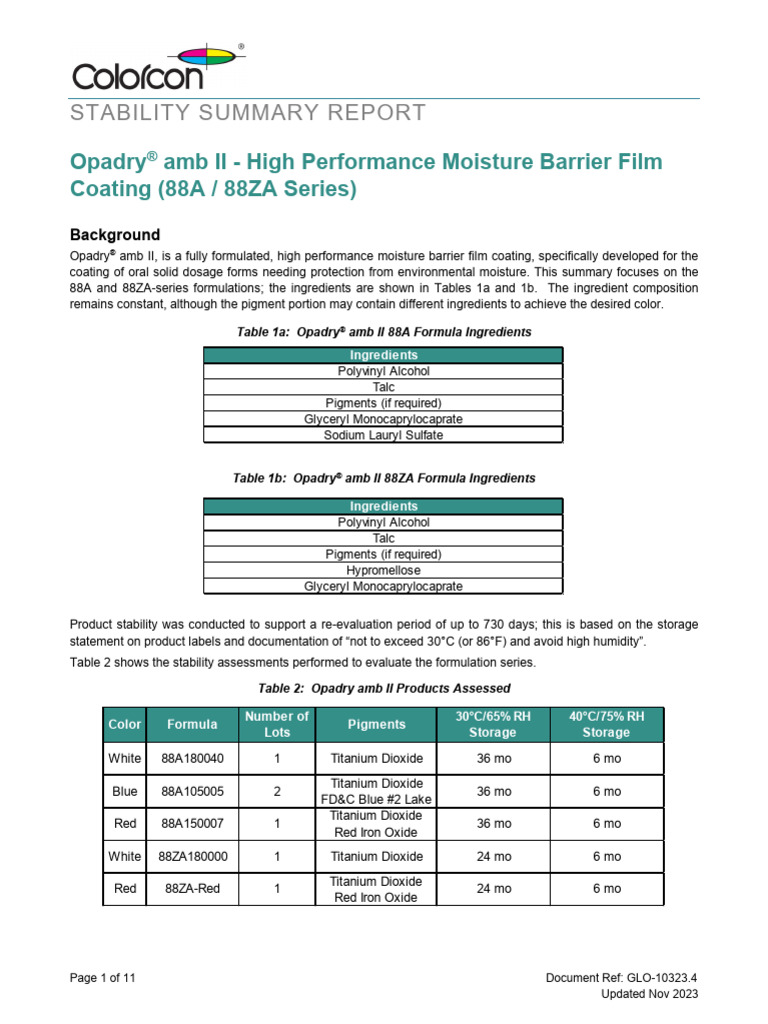Opadry Amb II High Performance Moisture Barrier (88A Series) | PDF