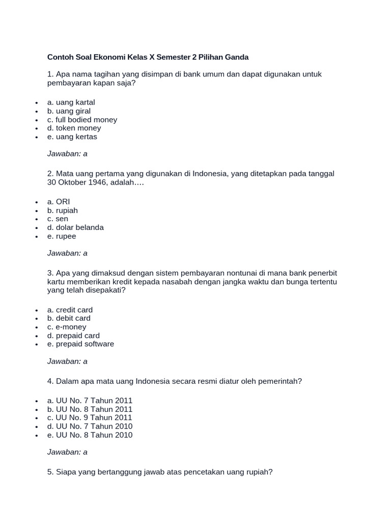 Contoh Soal Ekonomi Kelas X Semester 2 Pilihan Ganda | PDF