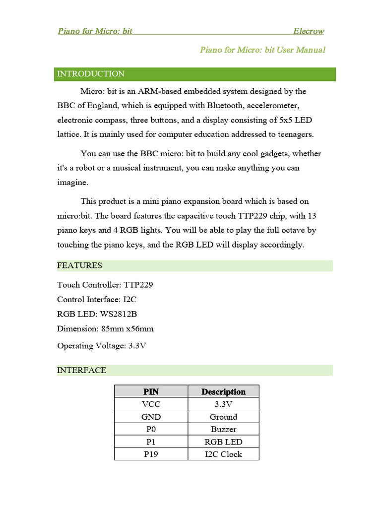 Piano For Microbit User Manual | PDF