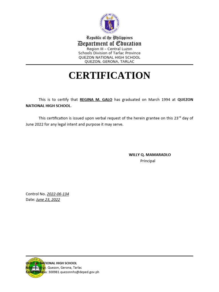 Certification Of Graduation Pdf
