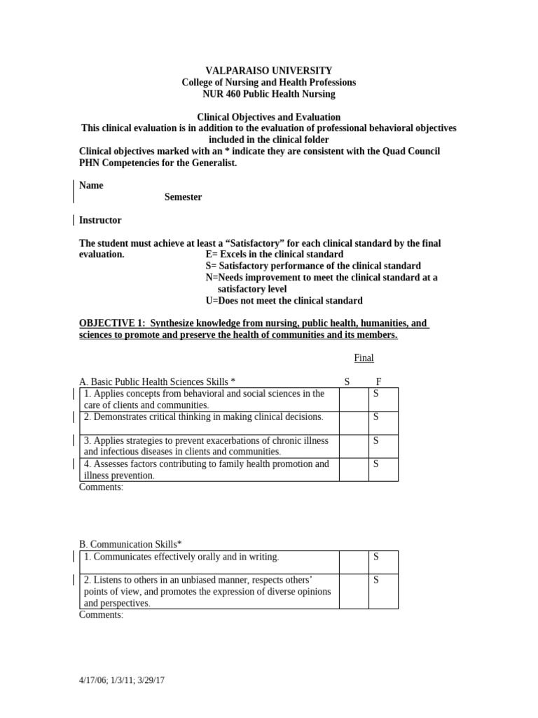 NUR 460 Clinical Objectives and Evaluation 02.05.18 | PDF