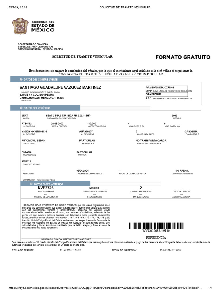 Solicitud de Tramite Vehicular | PDF