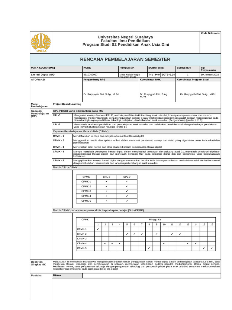 RPS Literasi Digital AUD | PDF