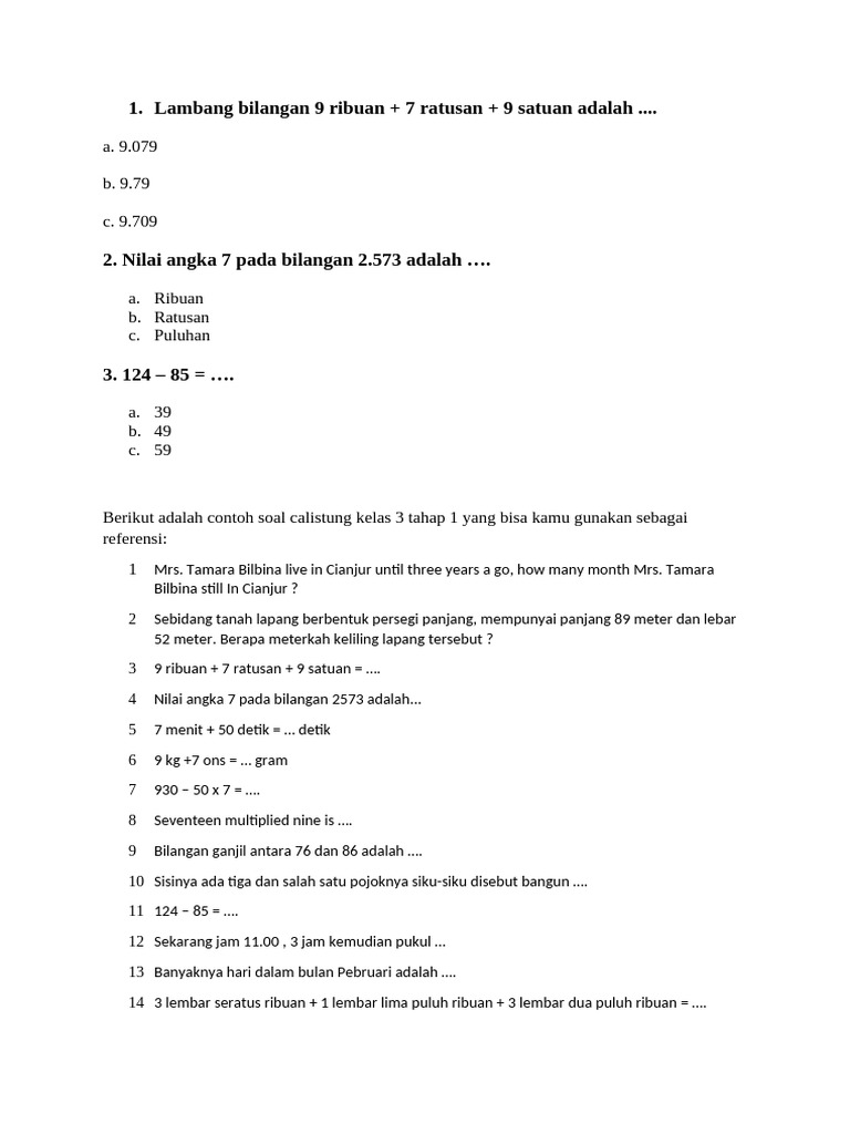 Contoh Soal Calistung Terbaru | PDF