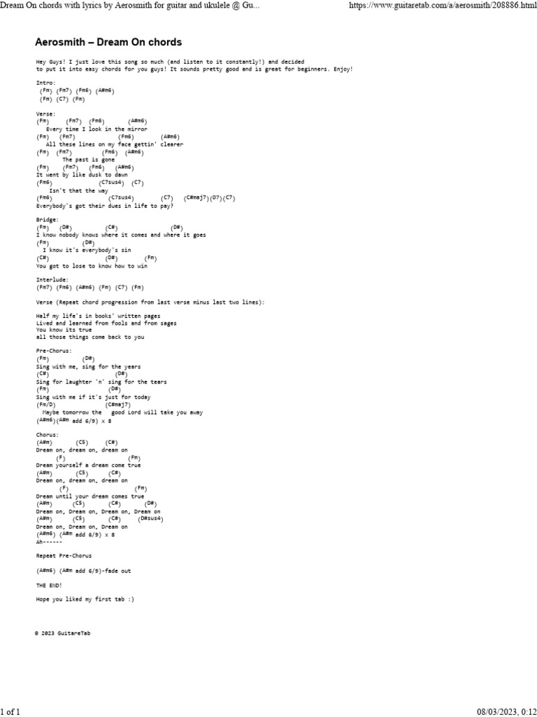 Dream On Chords With Lyrics by Aerosmith For Guitar and Ukulele | PDF