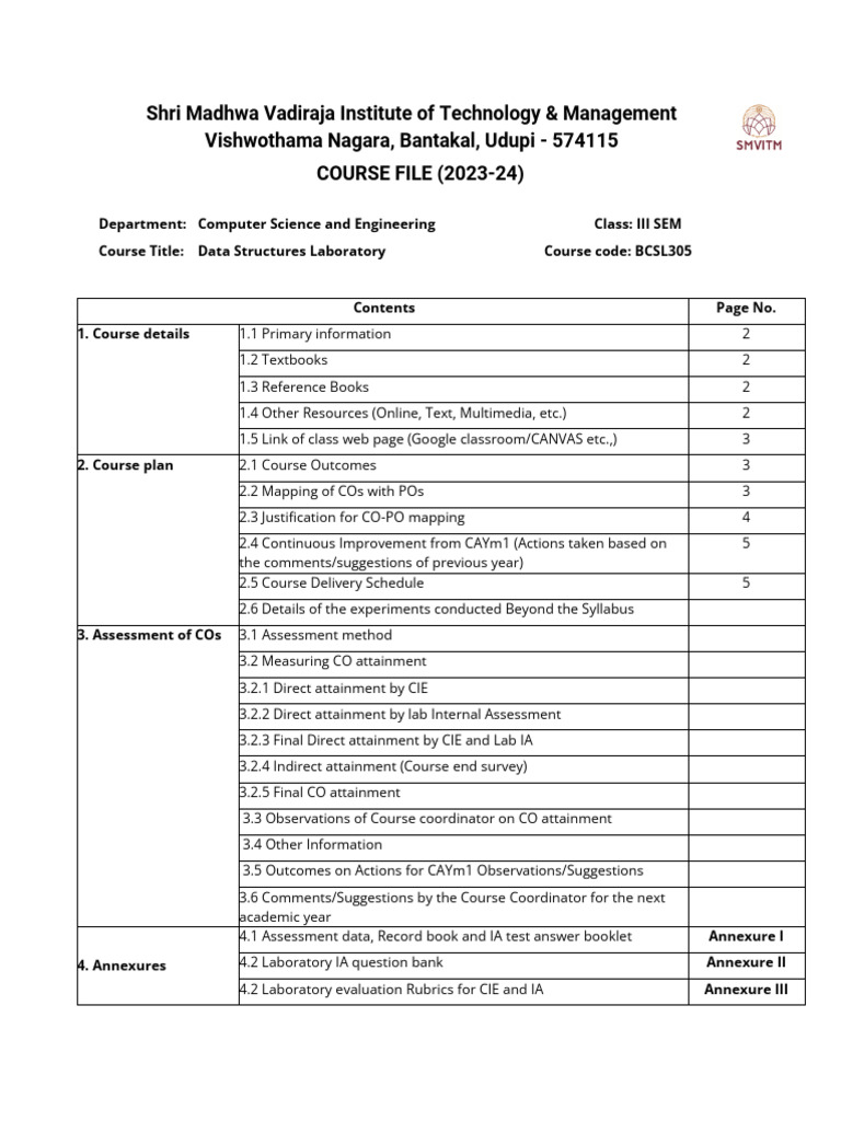 Course Plan BCSL305 - DS Lab | PDF
