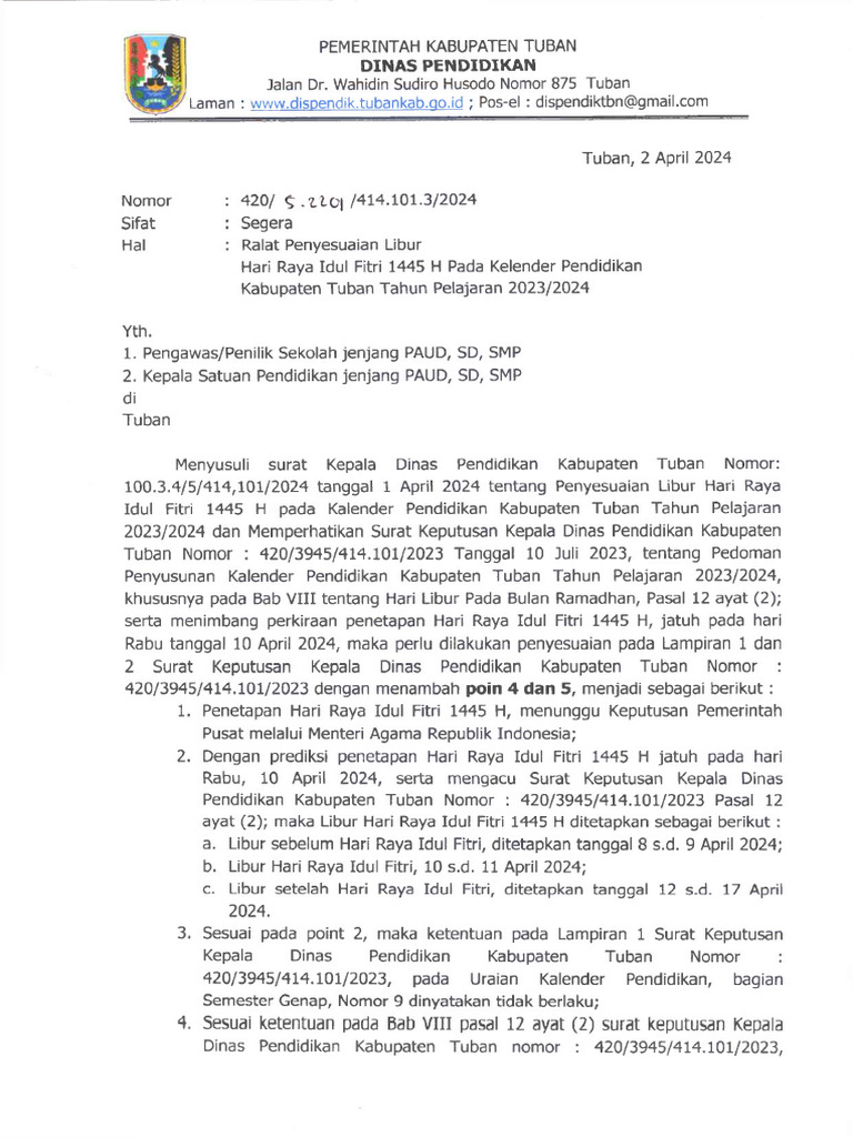 Ralat Penyesuaian Libur Hari Raya 2024 | PDF