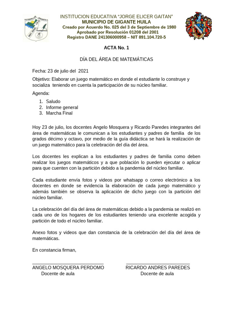 Acta N° 1 DÍA DEL ÁREA | PDF