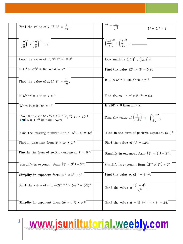8th Exponent and Power Test Paper | PDF