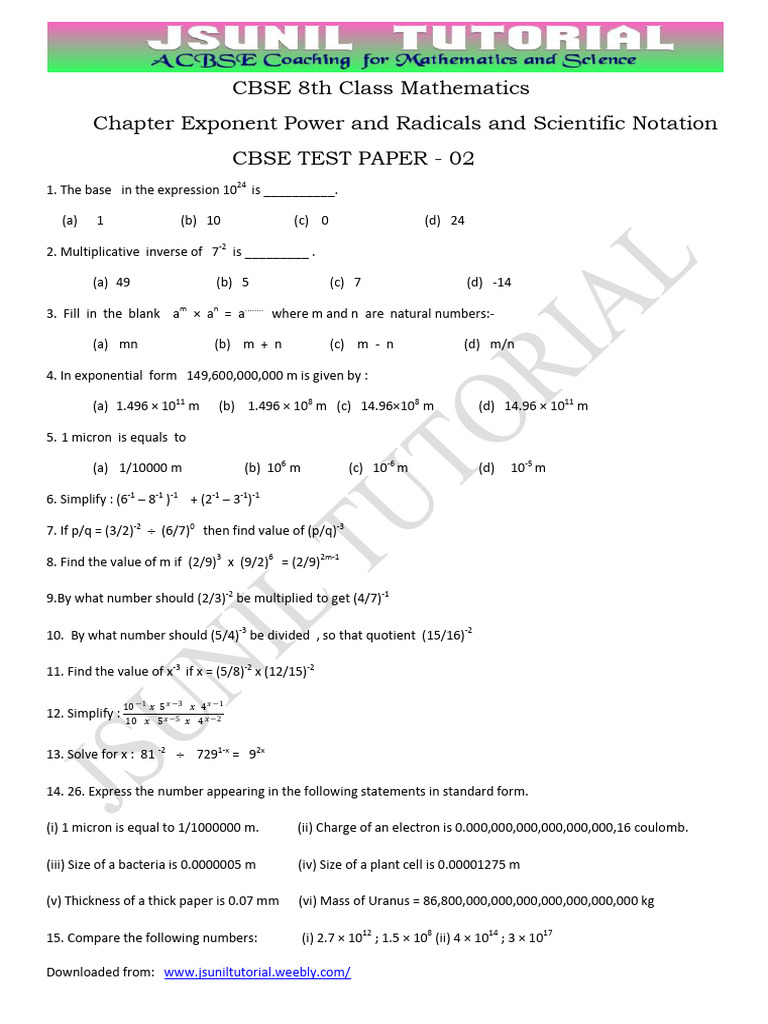 8th Class Mathematics Chapter Exponent Power and Radicals-2 | PDF