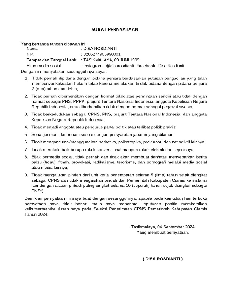 SURAT PERNYATAAN CPNS 2024 Pem Kab CIAMIS | PDF