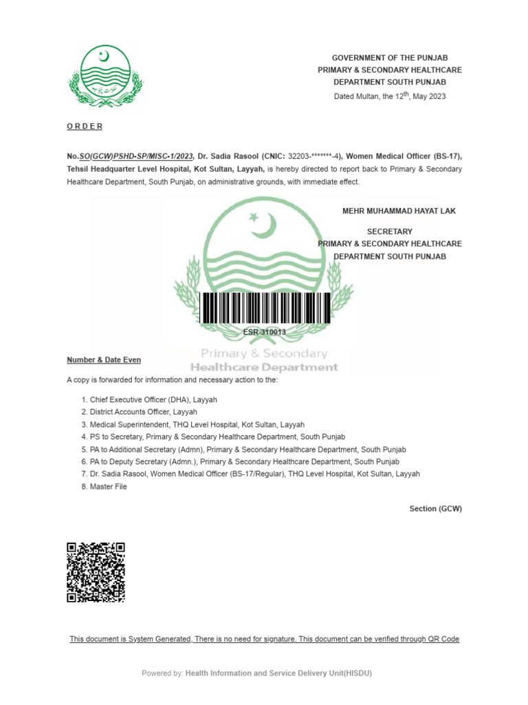 Dr. Sadia Rasool Report Back Order | PDF