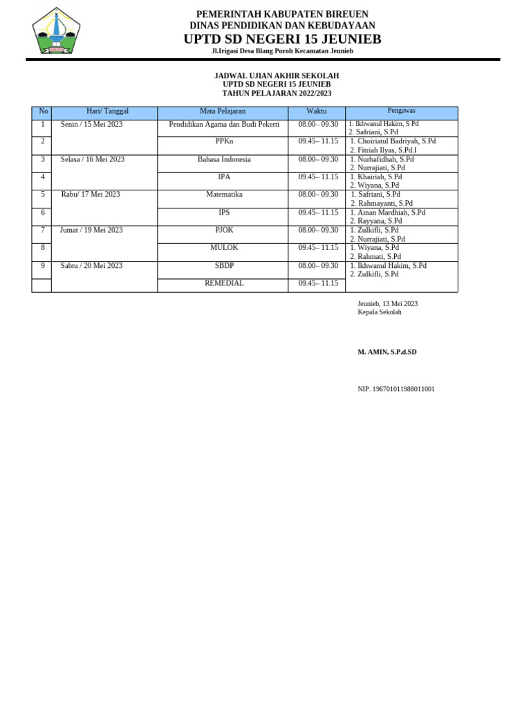 Jadwal Pengawas Ujian Akhir Sekolah 2022-2023 | PDF
