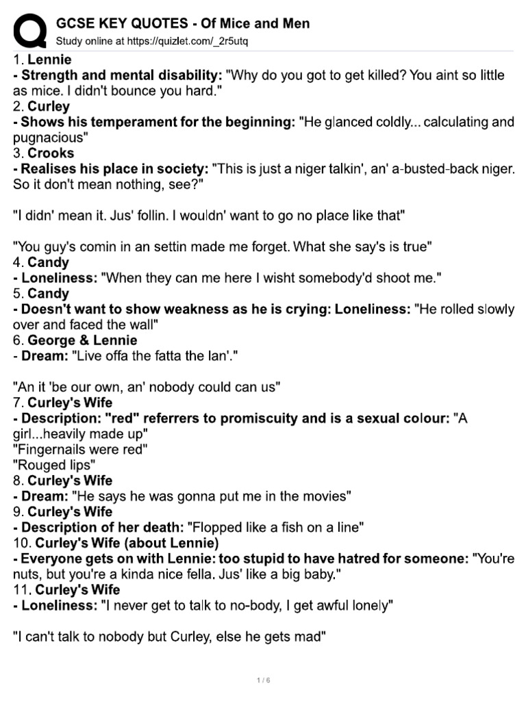 Key of Mice and Men Quotes Glossary | PDF
