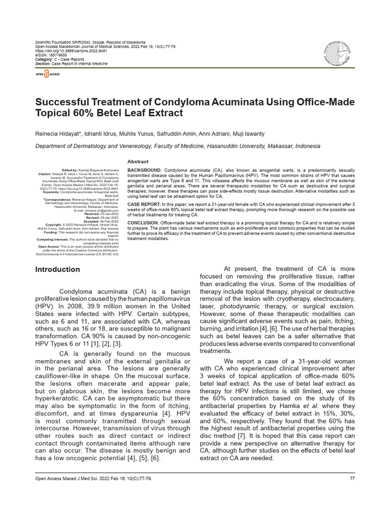 Successful Treatment of Condyloma Acuminata Using Office-Made | PDF