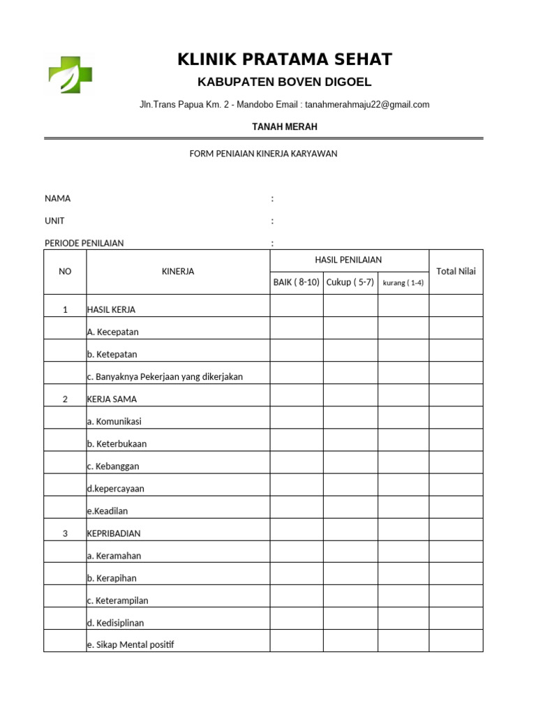 Form Ppenilain Kinerja Kerja Klinik Pratama Sehat | PDF