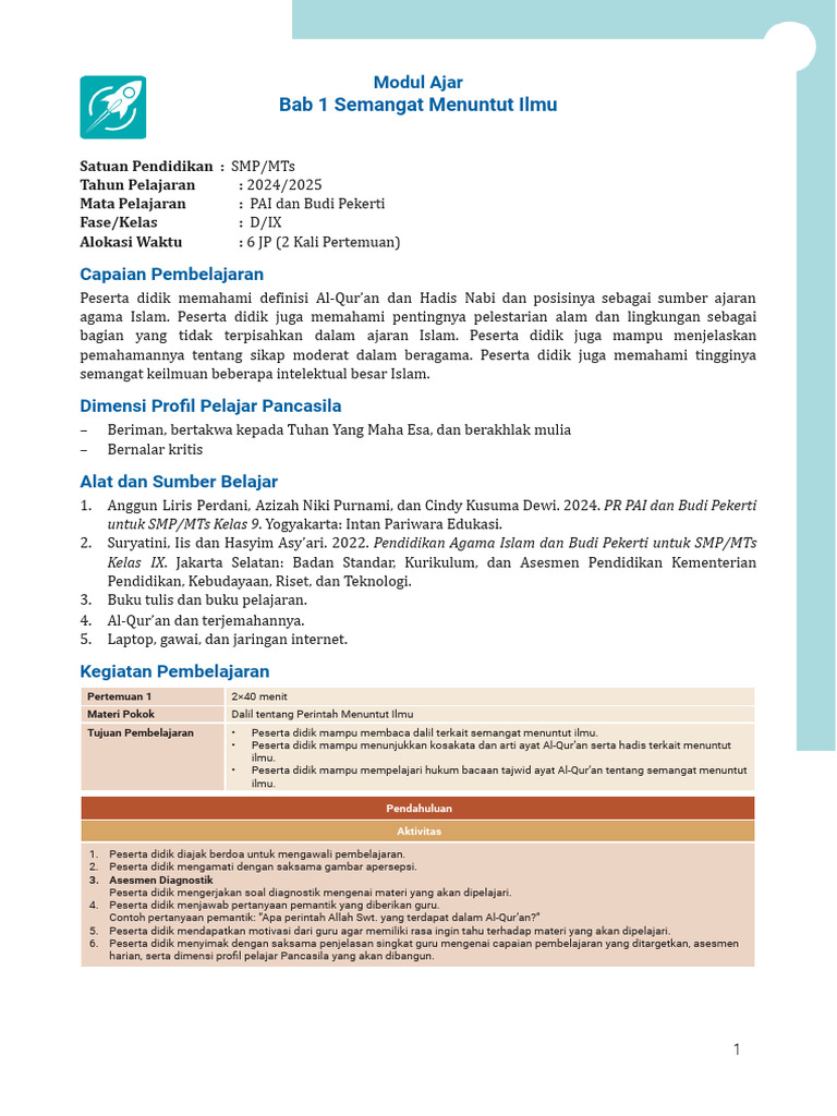 Modul Ajar PR PAI 9 Bab 1 | PDF