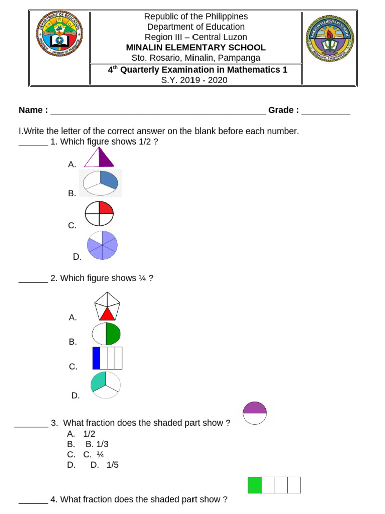 4th Periodical Test in Math 1 S.Y. 2019 2020 EDITED | PDF