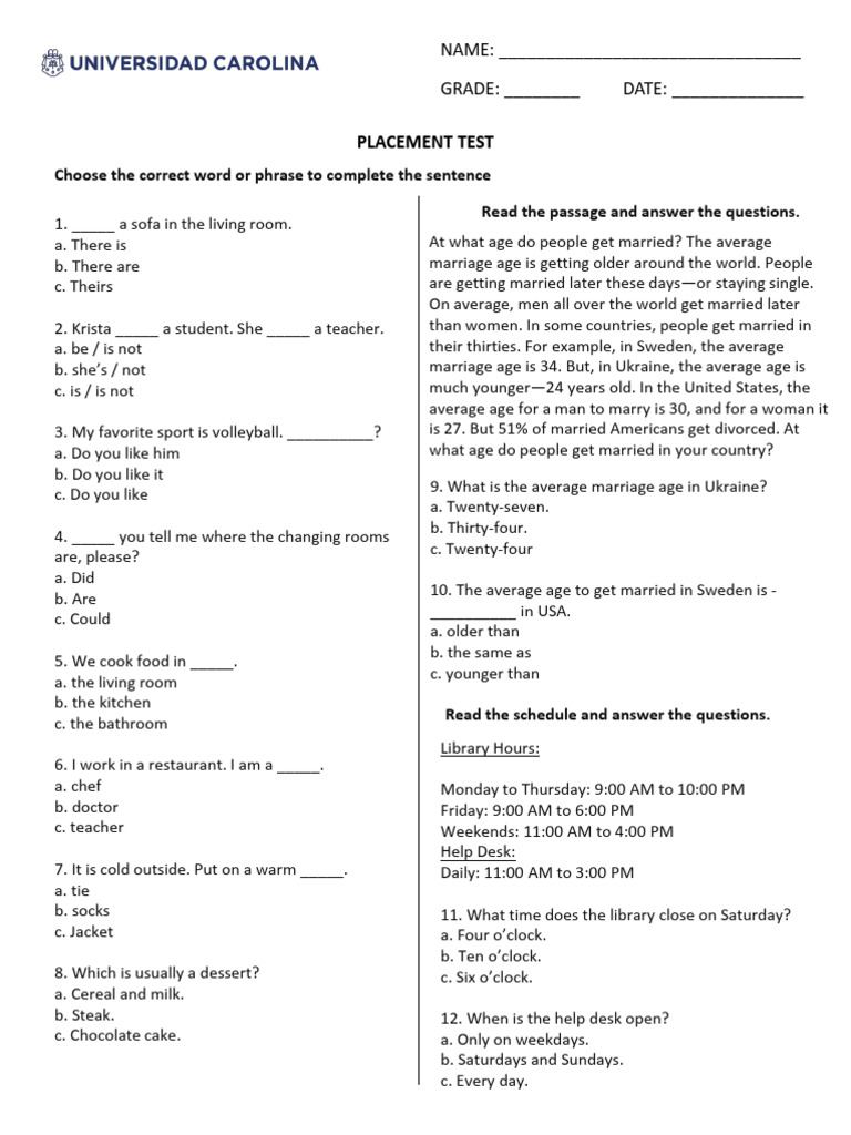 English Placement Test 2024 | PDF | Workweek And Weekend
