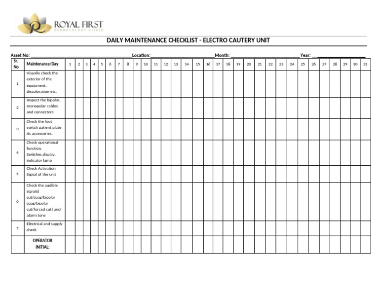 Daily Maintenance Checklist - Cautery | PDF