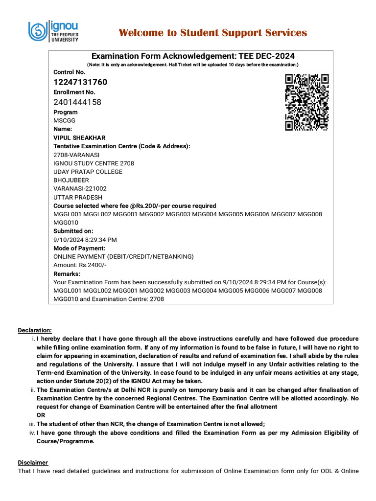 IGNOU - Examination Form Acknowledgement | PDF