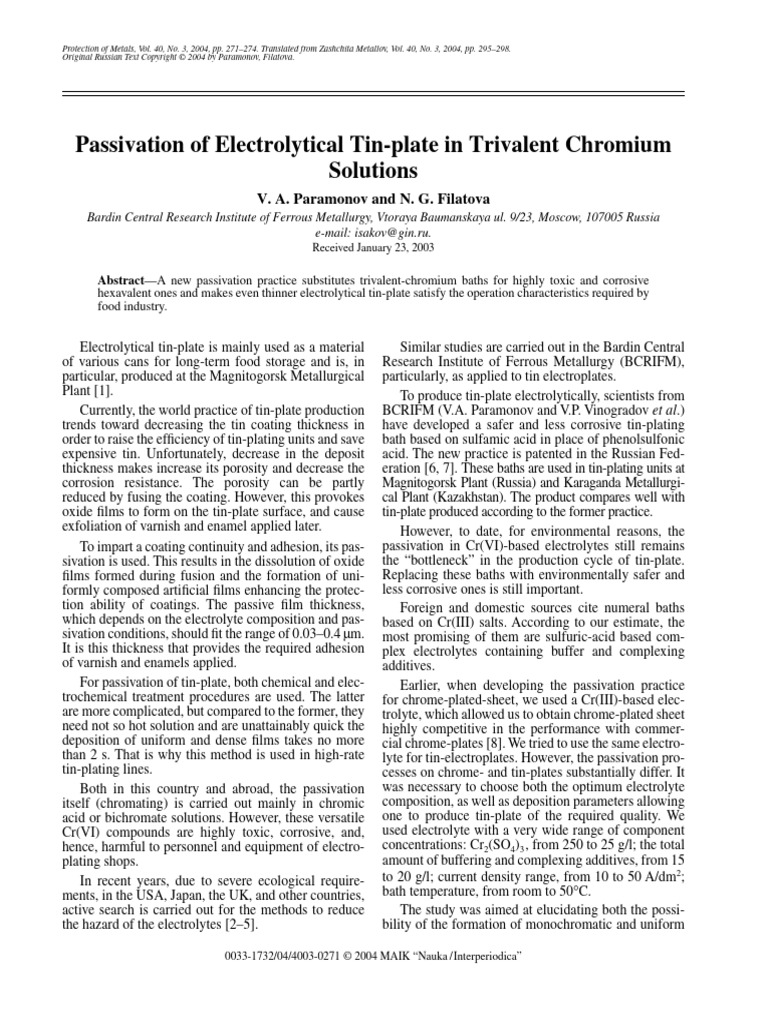 Passivation of Electrolytical Tin-Plate in Trivalent Chromium Solutions | PDF