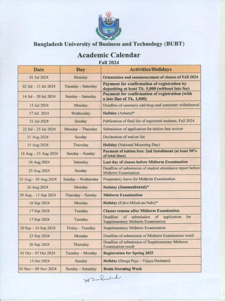 Academic Calendar, Fall 2024 | PDF