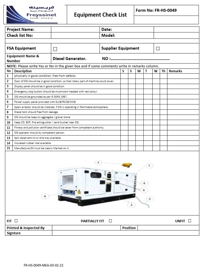 FR-HS-0049-MEA-03-02-22 (Diesel Generator Checklist) | PDF