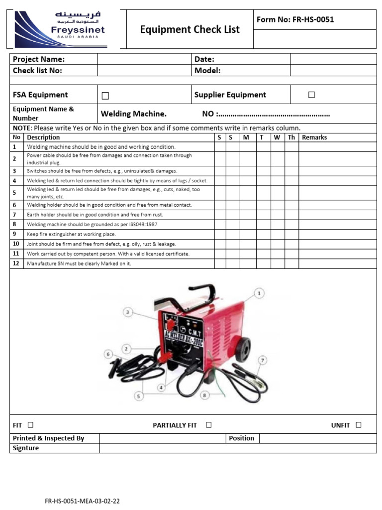FR-HS-0051-MEA-03-02-22 (Welding Machine Checklist) | PDF
