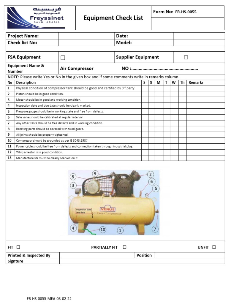 FR-HS-0055-MEA-03-02-22 (Air Compressor Checklist) | PDF