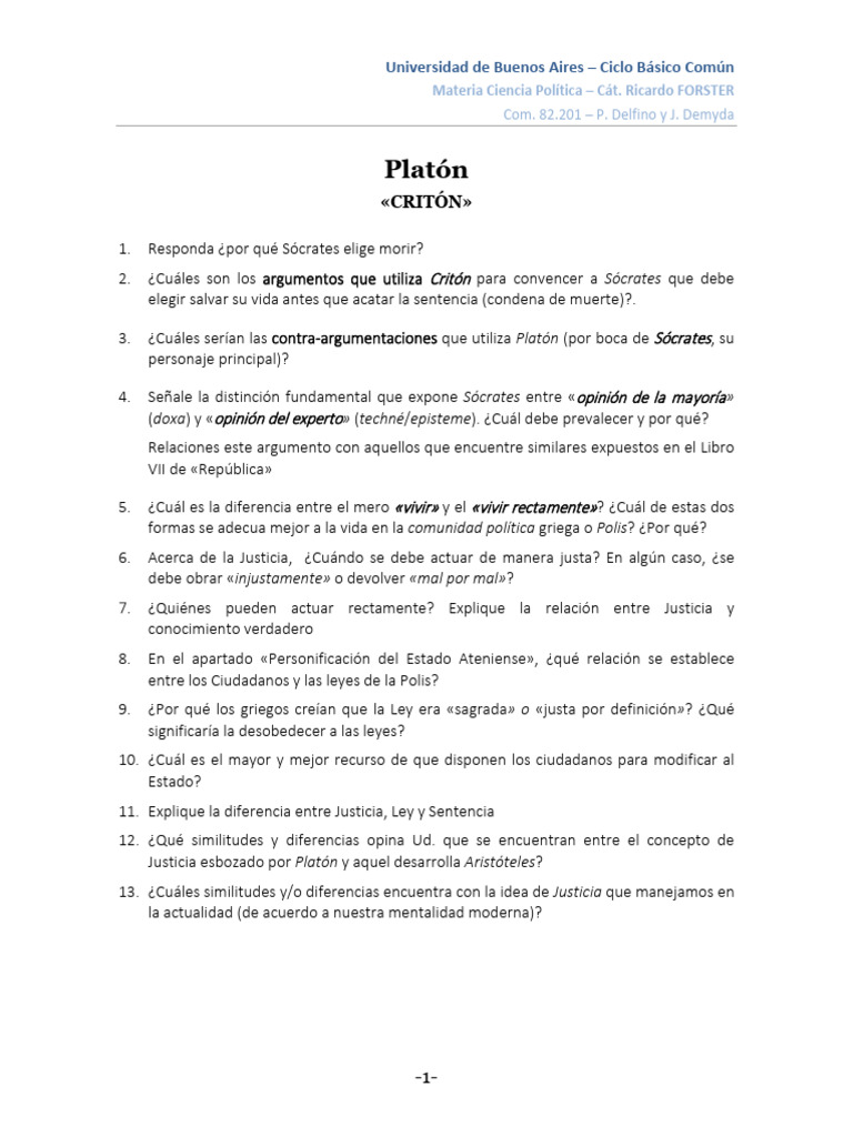 PLATÓN _Critón_ --Guía de Lectura-- | PDF