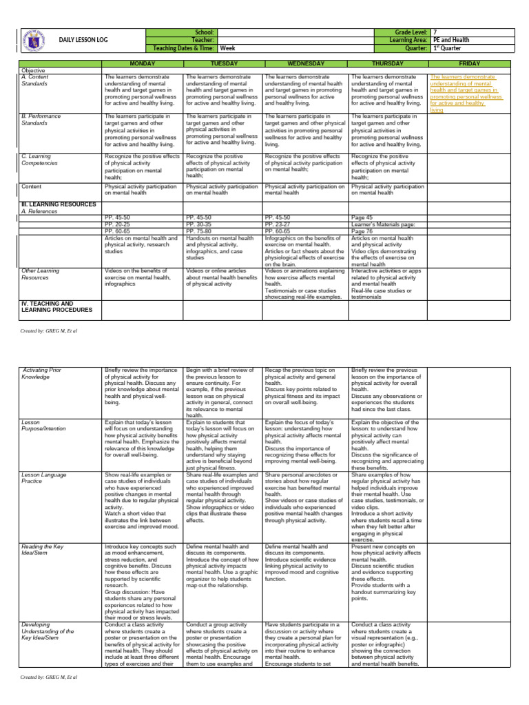 PE AND HEALTH 7 Q1 WEEK 3 | PDF