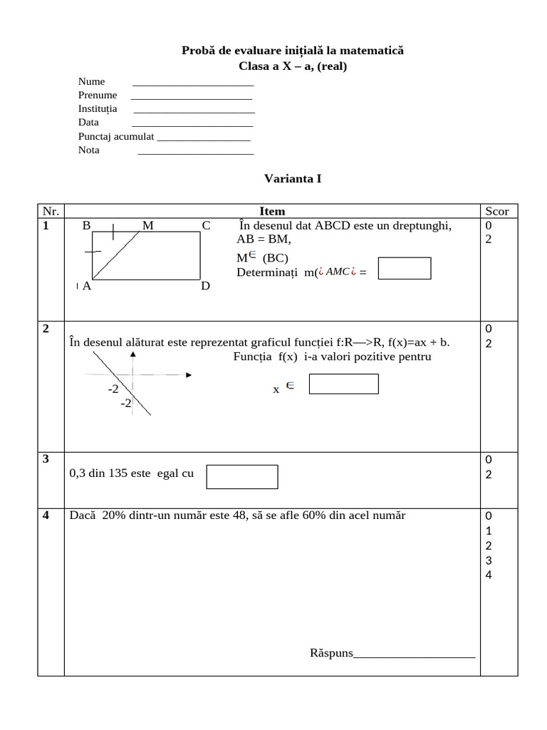 Evaluare Initiala La Matematica Cl. X Real | PDF