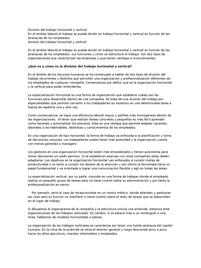 División Laboral: Horizontal vs Vertical | PDF | Division de trabajo ...