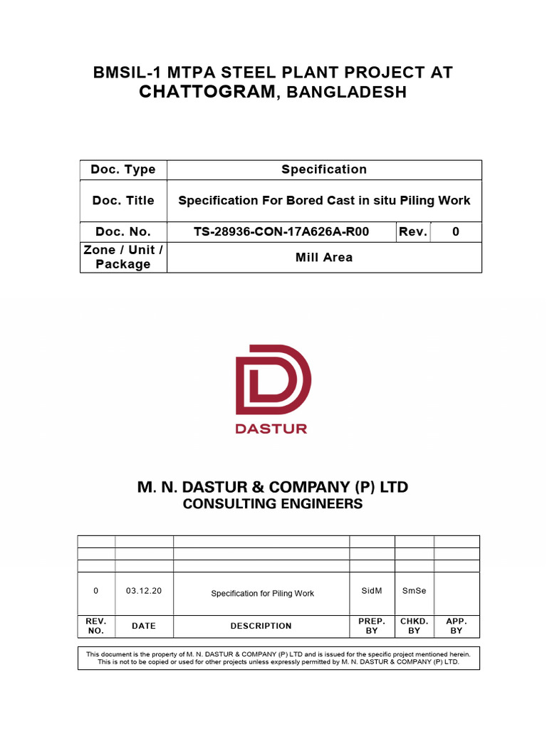 Tech Spec for Cast in situ bored piling work -Mill | PDF