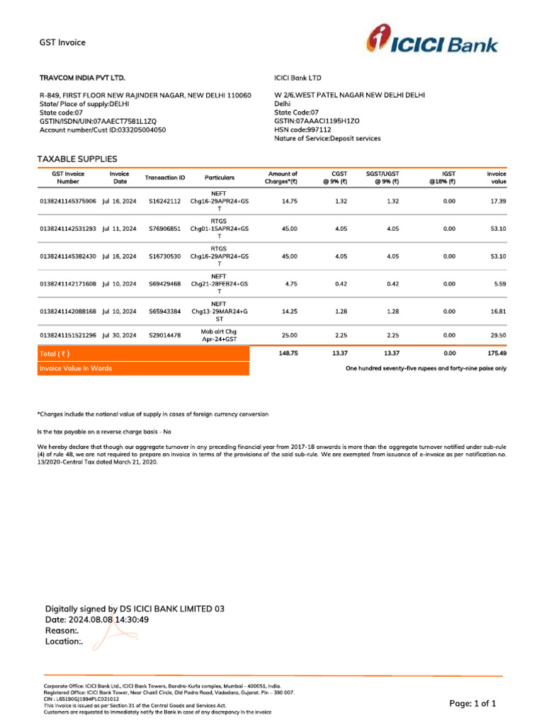 Icici Bank GST Invoice | PDF
