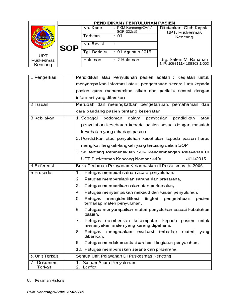 SOP Pendidikan Penyuluhan Pasien | PDF