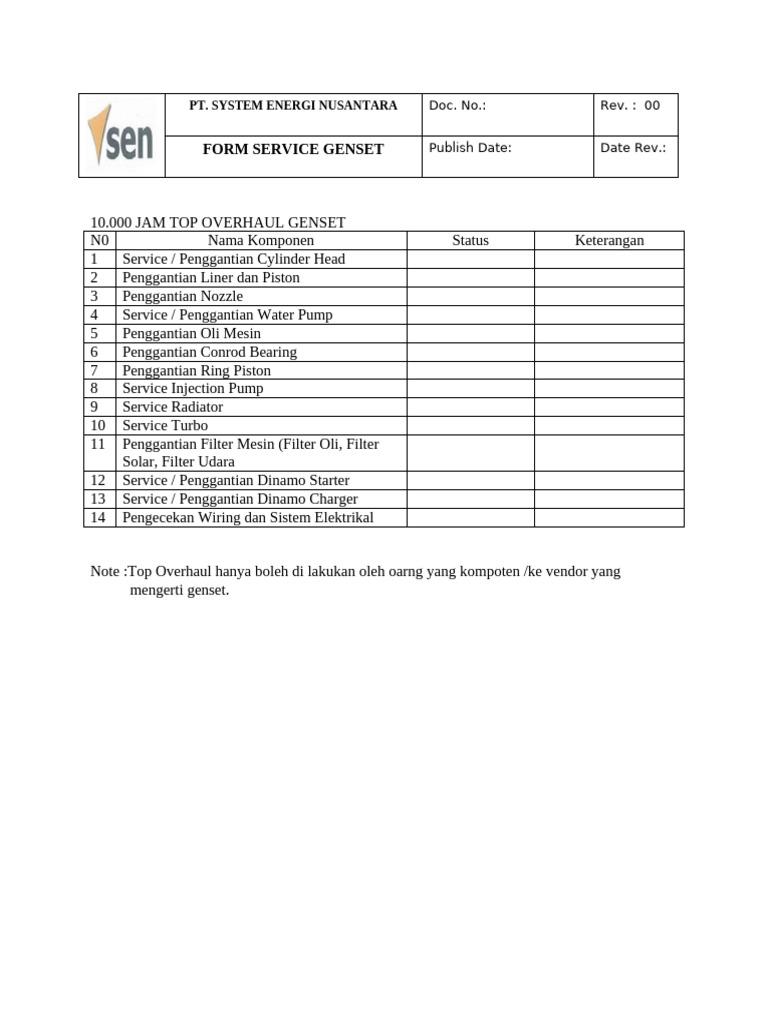 Form Top Overhaul Genset | PDF
