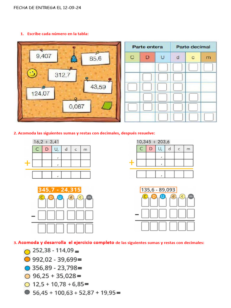 Ejercicios de Suma y Resta de Decimales | PDF | Métodos y materiales de ...