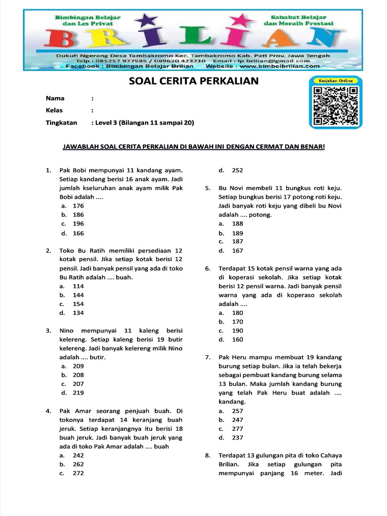 PDF Soal Cerita Perkalian Level 3 Kelas 3 SD Bilangan 11 Sampai 20 ...