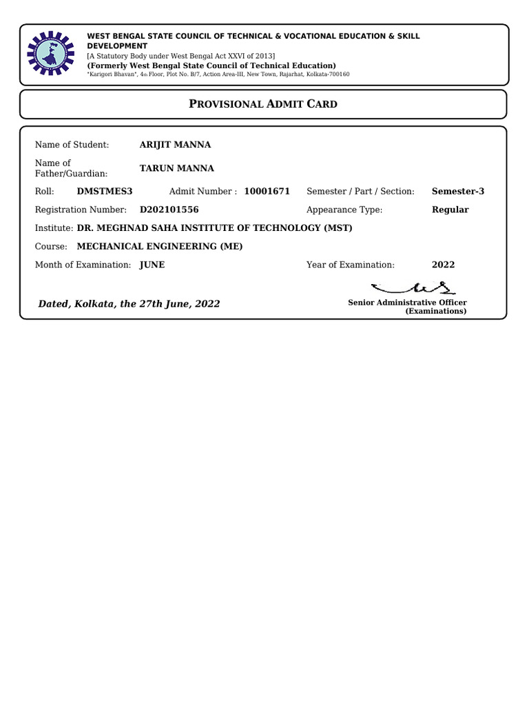Admit 3rd Sem PDF