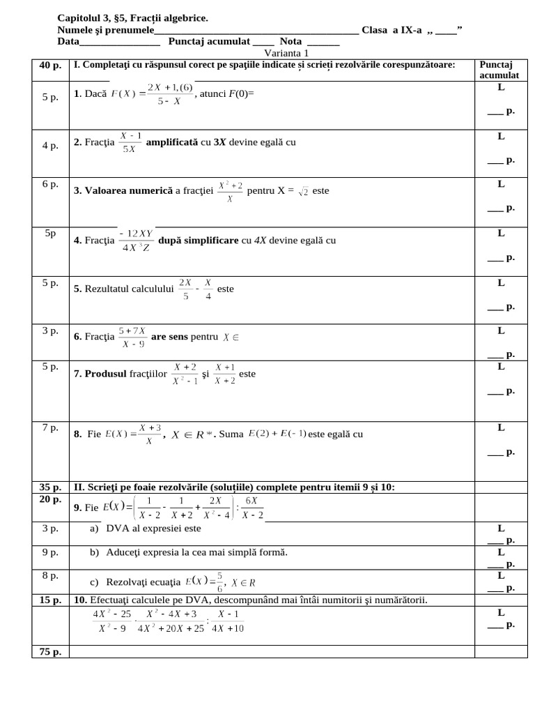 Test Clasa 9 v. 12 Fractii Algebrice 2018 RM Blindu Radion | PDF